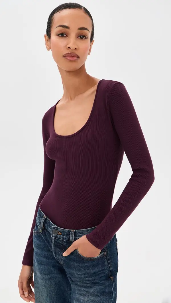 L'Agence Elara Scoop Neck Thong Bodysuit - Deep Sangria