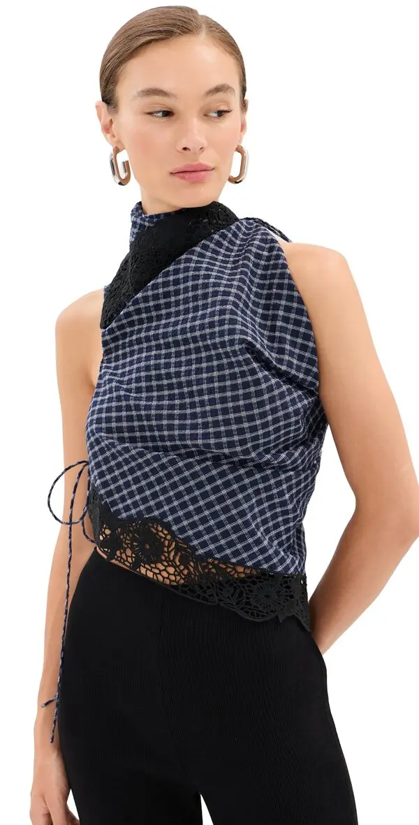 Christopher Esber Embroidered Handkerchief Envelope Scarf Top - Inked Check