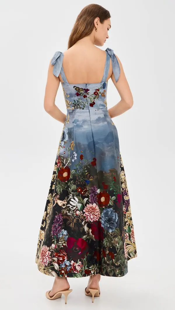 Alice + Olivia Hana Square Neck Tie Strap Midi Dress