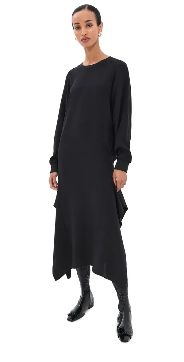 Tibi 4 Ply Silk Long Sleeve Dress With Ruffle - Black
