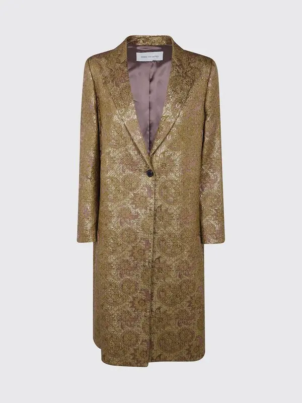 Dries Van Noten Single-breasted Lurex Jacquard Long Coat With Peak Lapels - Yellow
