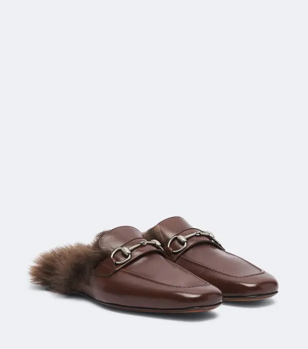 Gucci Larindo Horsebit Shearling-lined Leather Mules - Beige