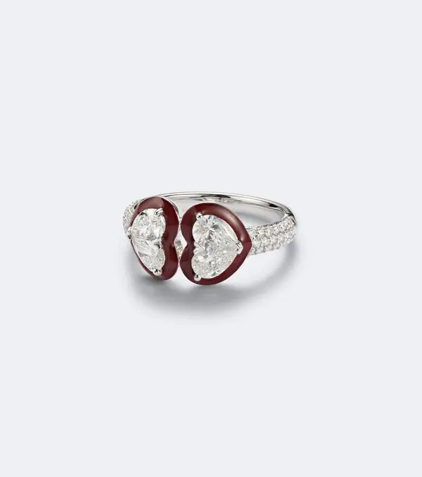 KAMYEN Twin Heart 18kt White Gold And Enamel Ring With Diamonds - Silver