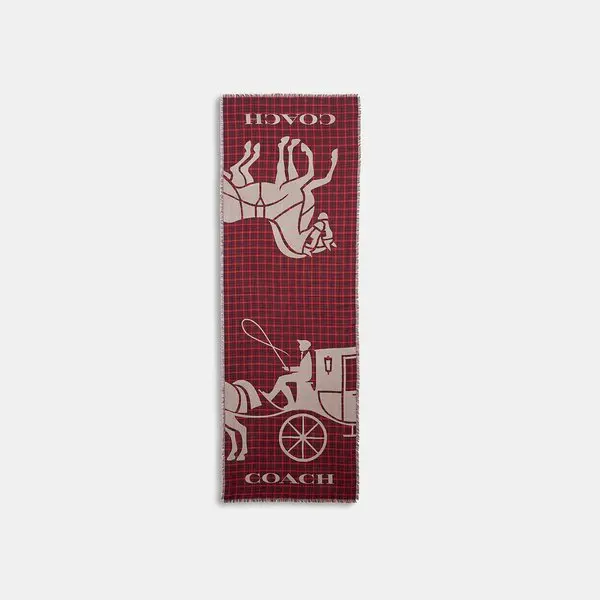COACH Horse And Carriage Print Plaid Stole - Dark Cherry Multi