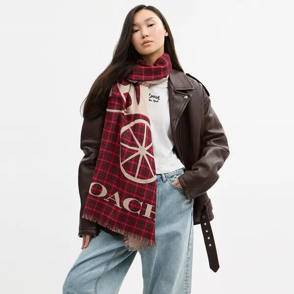 COACH Horse And Carriage Print Plaid Stole - Dark Cherry Multi