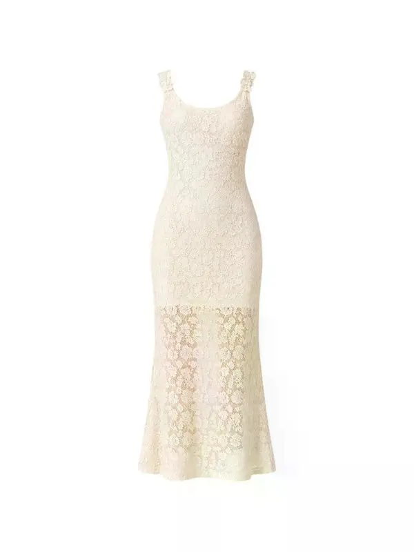 Pinko Crochet-knit Floral-appliqué Midi Dress