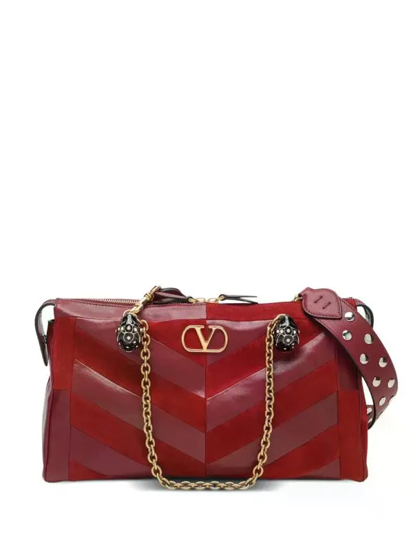 Valentino Garavani Panthea Medium Shoulder Bag In Suede And Nappa With Chevron Motif - Red