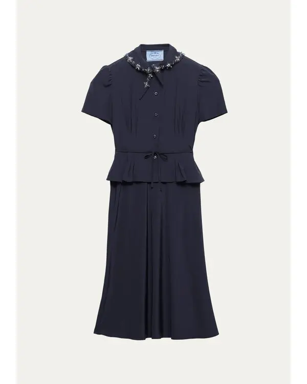 Prada Embellished Scarf-neck Short-sleeve Peplum Midi Dress
