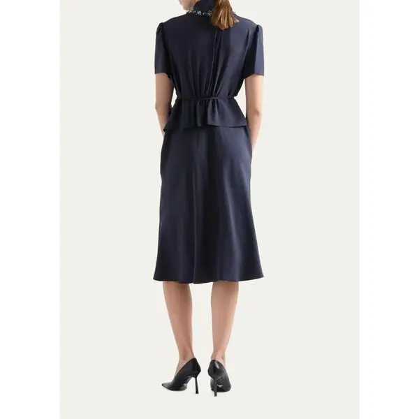 Prada Embellished Scarf-neck Short-sleeve Peplum Midi Dress