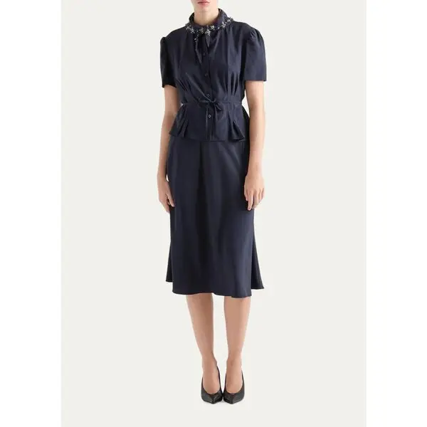 Prada Embellished Scarf-neck Short-sleeve Peplum Midi Dress