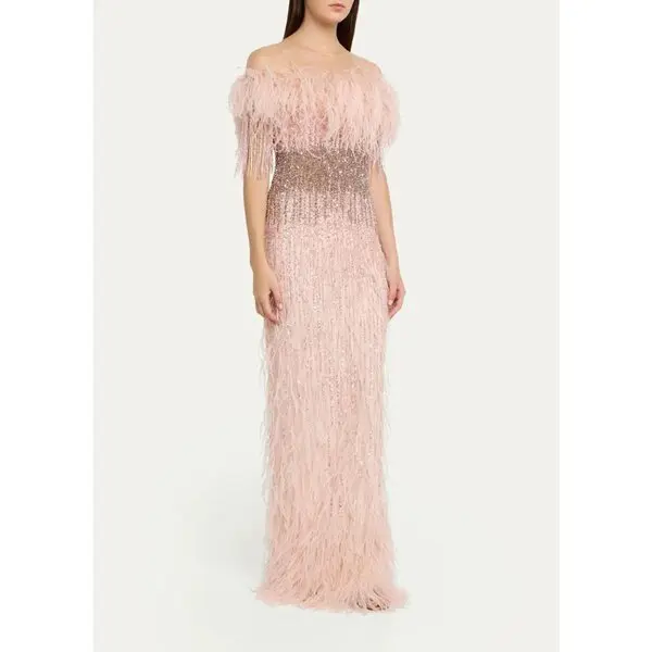 Pamella Roland Feather Beaded Off-the-shoulder Illusion Column Gown