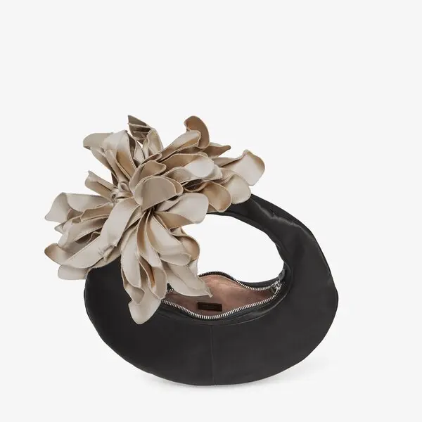 JIMMY CHOO Flower Hobo Black And Bone Satin Hobo Shoulder Bag With Oversized Flower - Black/bone/silver