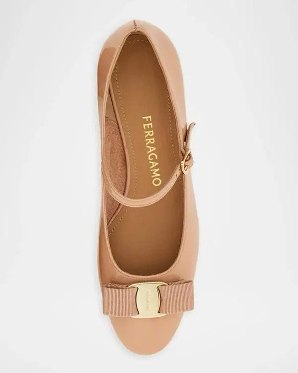 FERRAGAMO Vally Patent Leather Bow Mary Jane Ballerina Flats - Nero