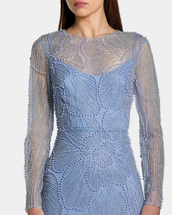 Mac Duggal Beaded Mesh Long-sleeve A-line Gown - Periwinkle