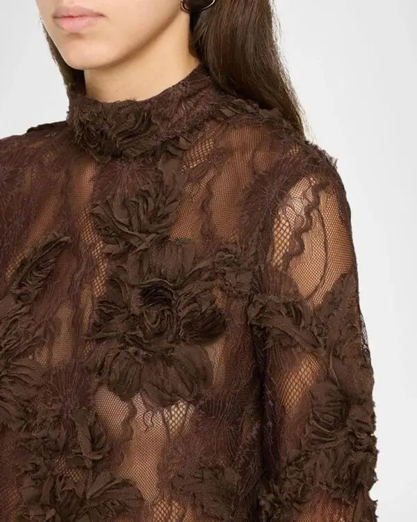 AKNVAS Freja Floral Lace High-neck Top - Brown