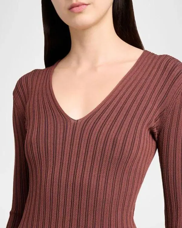Proenza Schouler Roux V-neck Silk-blend Rib Long-sleeve Top - Copper
