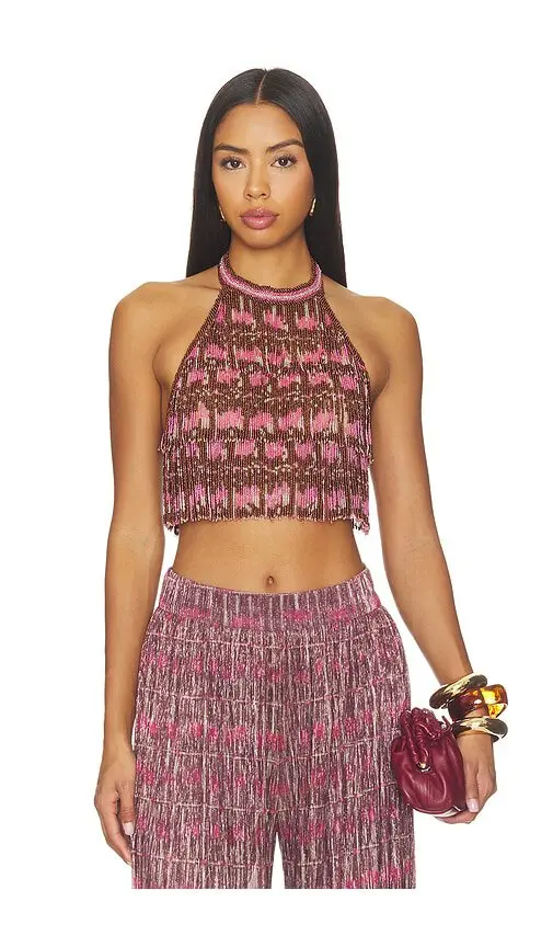 PatBO Rose Mirage Beaded Halterneck Top