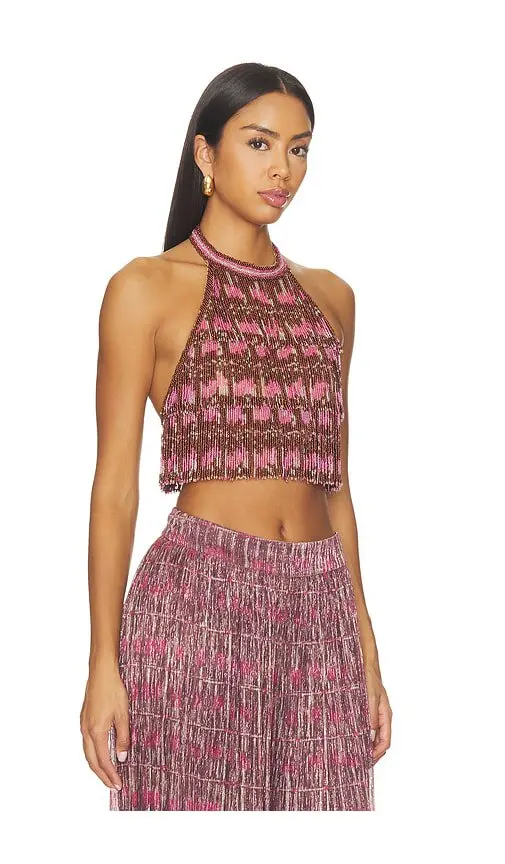 PatBO Rose Mirage Beaded Halterneck Top