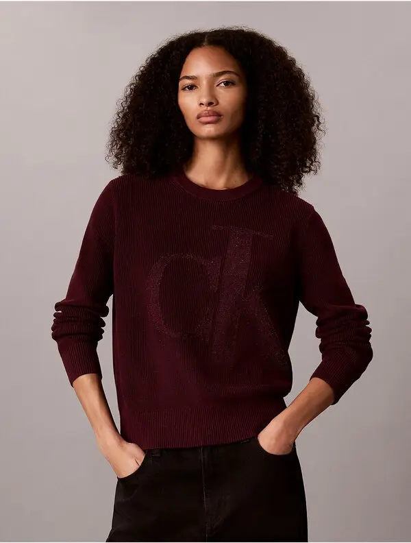 Calvin Klein Smooth Cotton Lurex Monogram Logo Sweater - Raspberry Truffle