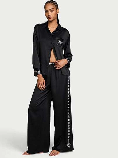 Victoria's Secret Signature Satin Shine Shop Long Pajama Set - Black