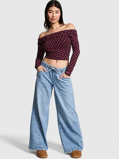Pink Front-tie Low-rise Wide-leg Pants - Blue