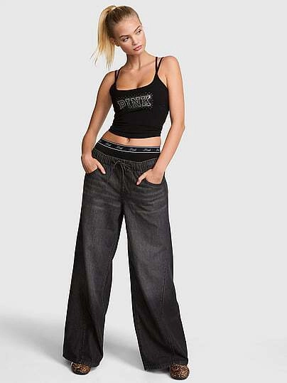 Pink Front-tie Low-rise Wide-leg Jeans - Blue