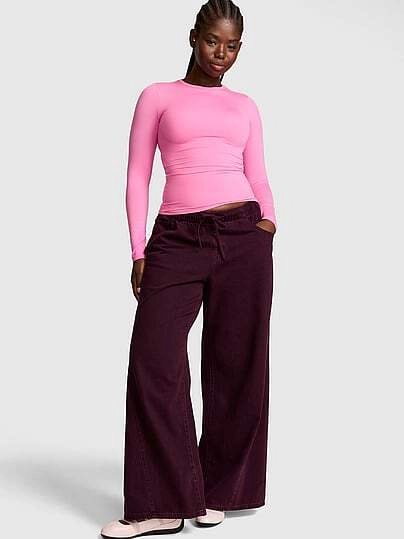 Pink Front-tie Low-rise Wide-leg Jeans - Blue