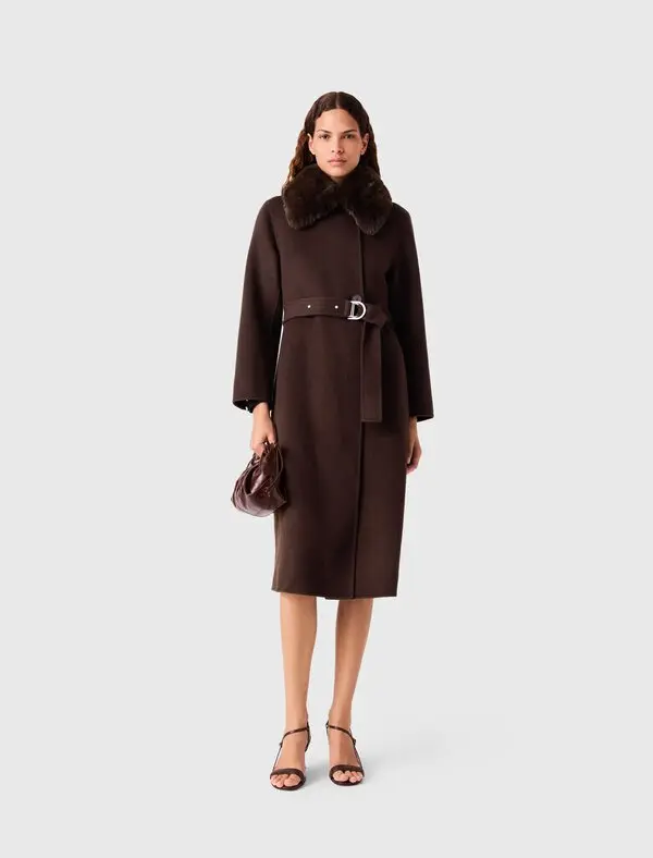 Maje Long Coat With Faux Fur Collar - Brown