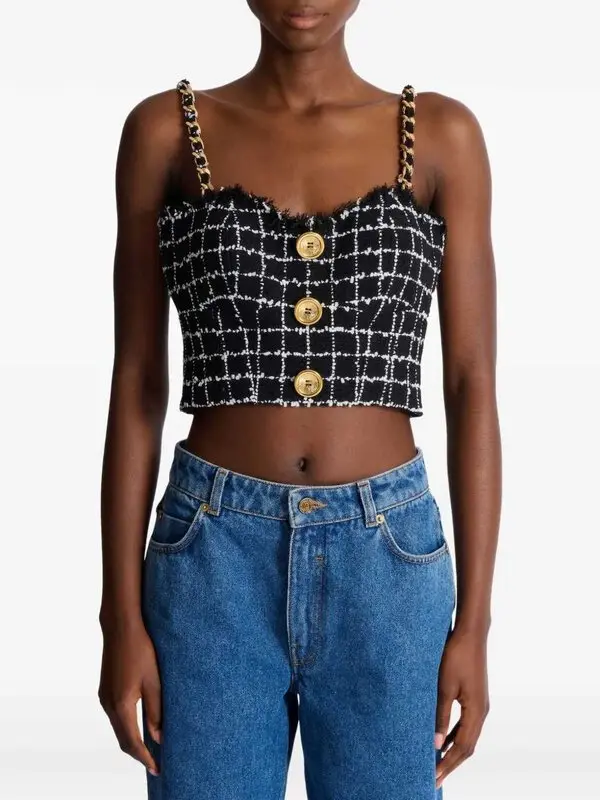 Balmain Tweed Top With Shoulder Straps