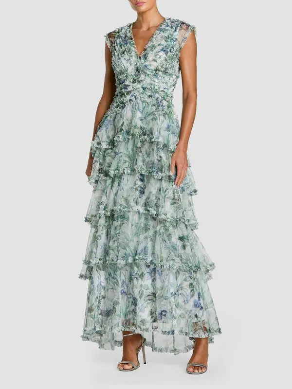 Mac Duggal Floral Mesh Ruffled V-neck Maxi Dress - Blue Multi
