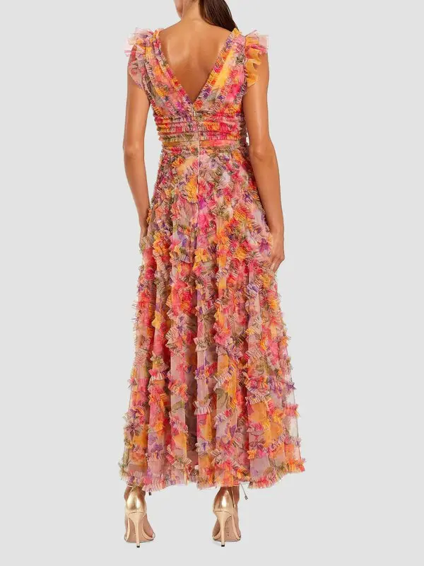 Mac Duggal Floral Mesh Ruffled V-neck Maxi Dress - Multi