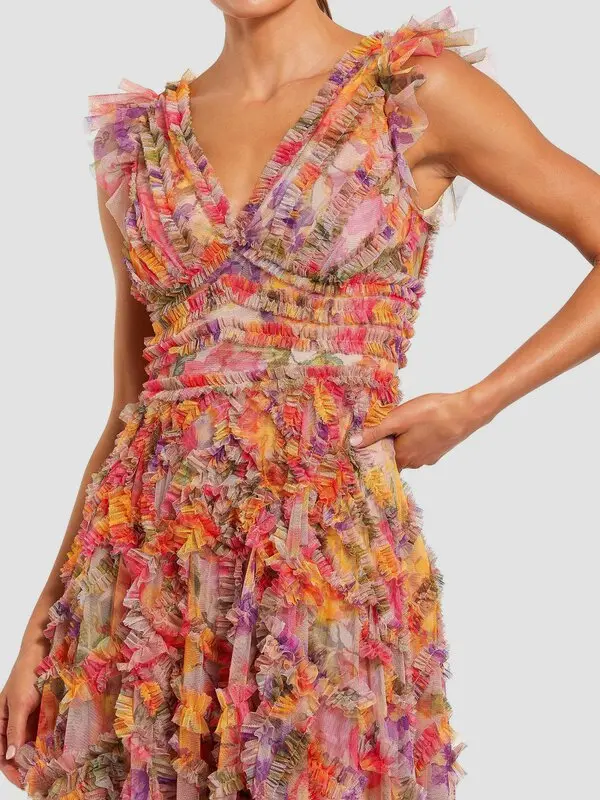 Mac Duggal Floral Mesh Ruffled V-neck Maxi Dress - Multi
