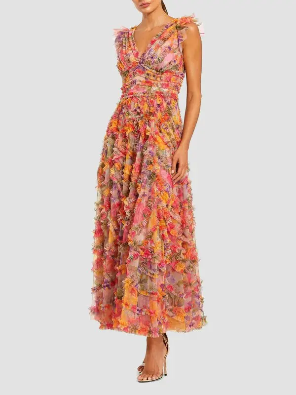Mac Duggal Petite Floral Tulle Ruffle Maxi Dress