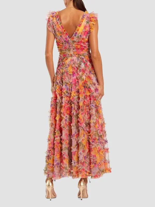 Mac Duggal Petite Floral Tulle Ruffle Maxi Dress