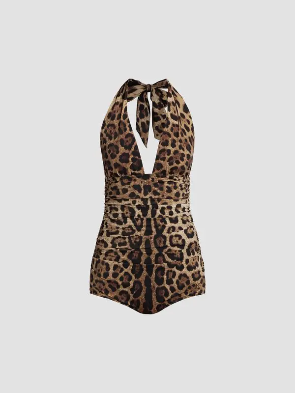 Dolce & Gabbana Leopard One-piece Halter Swimsuit - Leonew
