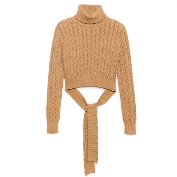 PERALUNA Scarlett Cable Knit Crop Jumper In Camel - Brown