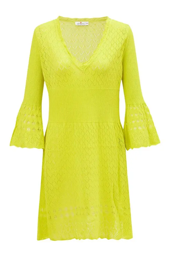 PERALUNA Yoho Openwork V-neck Knit Mini Dress In Lime - Green
