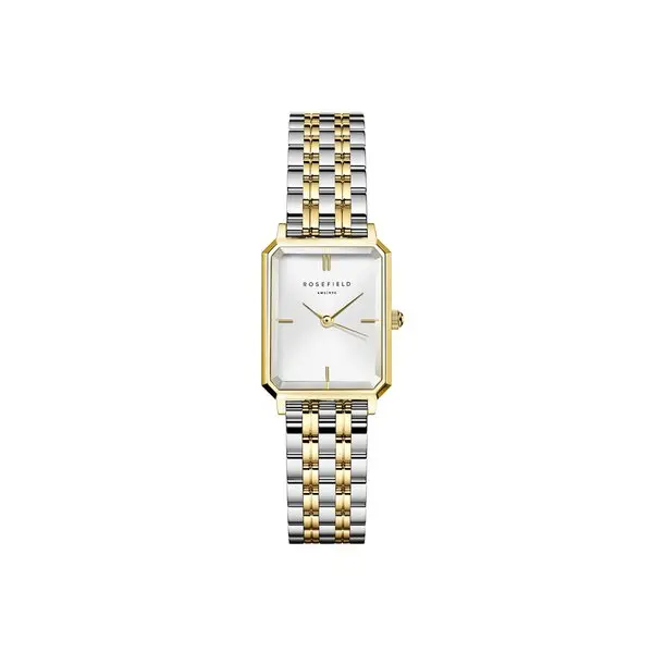 ROSEFIELD Octagon Xs White Sunray Dial Watch In Steel With Duotone Gold Silver Strap - Gold/silver