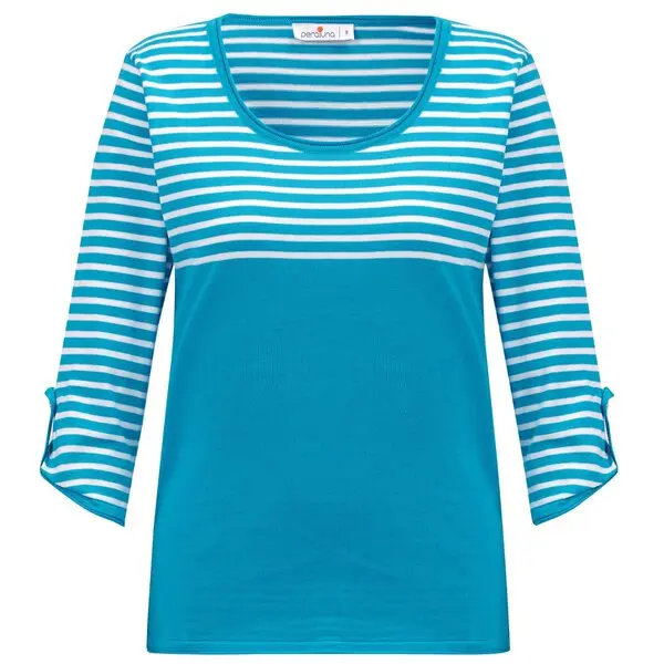 PERALUNA Sailor Striped Knitwear 3/4 Sleeve Pullover Turquoise/white