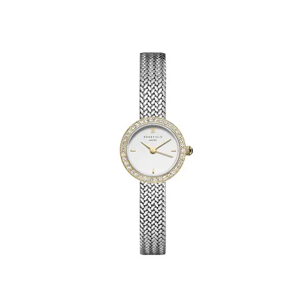ROSEFIELD Mini Small Edit Duotone Watch With White Dial, Crystal & Ip Gold Bezel And Woven Mesh Strap