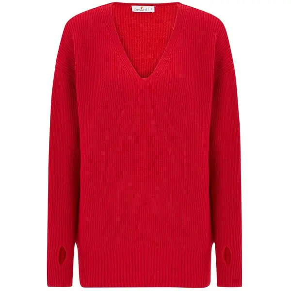 PERALUNA Cashmere Blend V-neck Loose Fit Pullover - Red