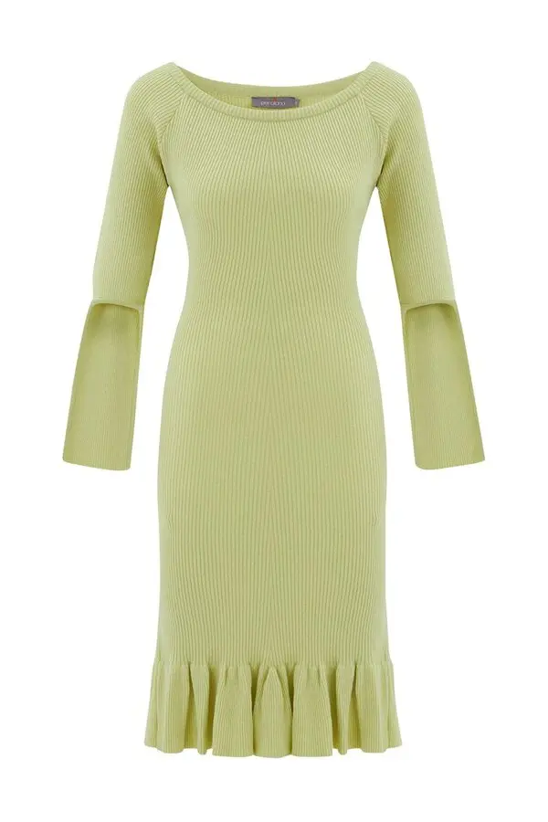 PERALUNA Boat-neck Ribbed Ruffled Knitwear Dress - Green