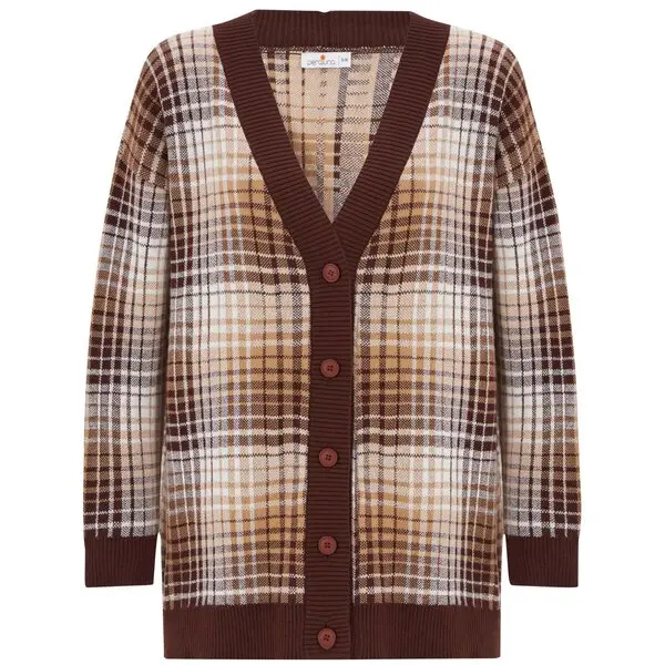PERALUNA Cashmere Blend Loose Fit V-neck Plaid Knit Cardigan
