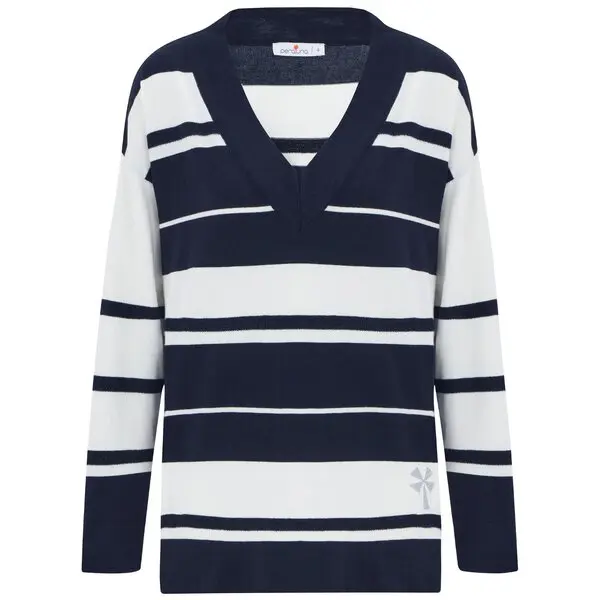 PERALUNA Organic Cotton V-neck Striped Knitwear Pullover /ecru