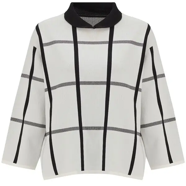 PERALUNA Gemma Knit Blouse Peter Pan Collar Geometric Pattern Ecru/black