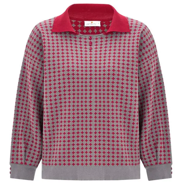 PERALUNA Polo-neck 3/4 Sleeve Geometric Patterned Knitwear Pullover /burgundy