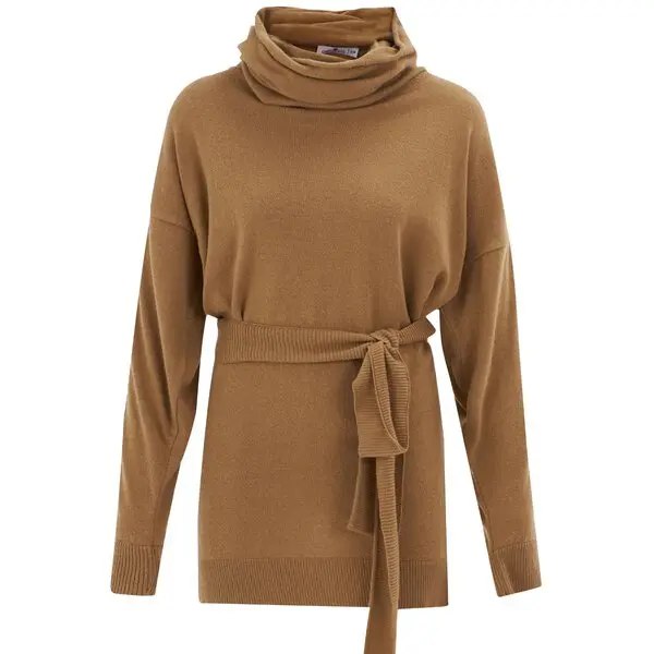PERALUNA Cashmere Blend Mock Neck Belted Knitwear Long Pullover Camel