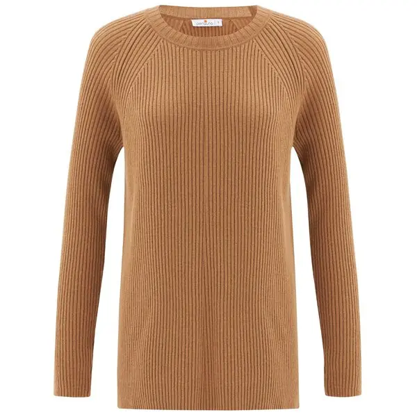 PERALUNA Cashmere Blend O-neck Ribbed Slit Pullover Camel