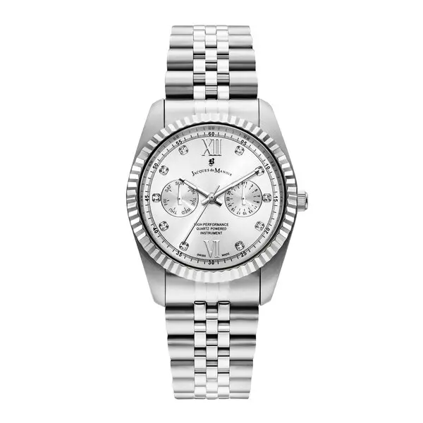 JACQUES DU MANOIR Swiss Made Inspiration Multi Function Sunray Dial Watch On Jubilee Bracelet - Silver