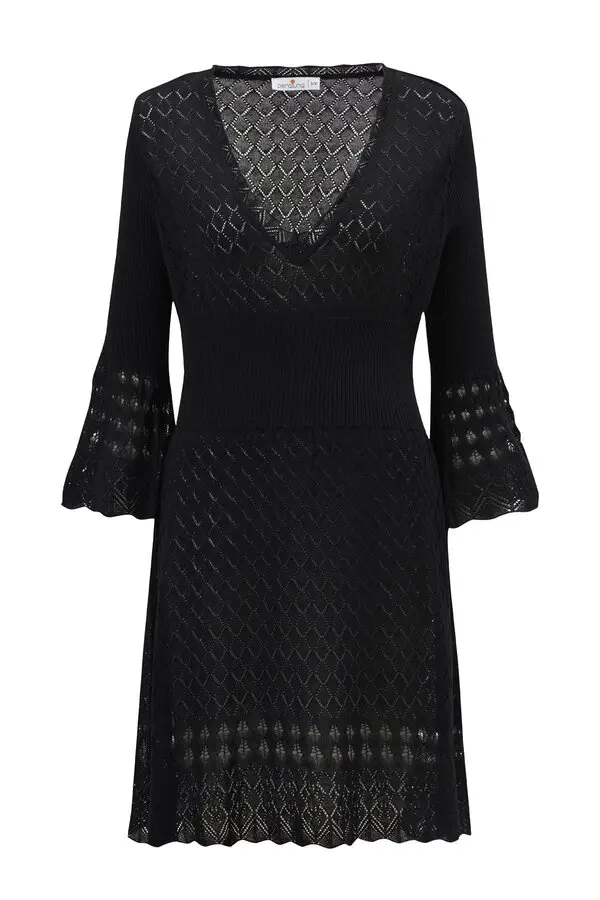 PERALUNA Yoho Openwork V-neck Knit Mini Dress - Black